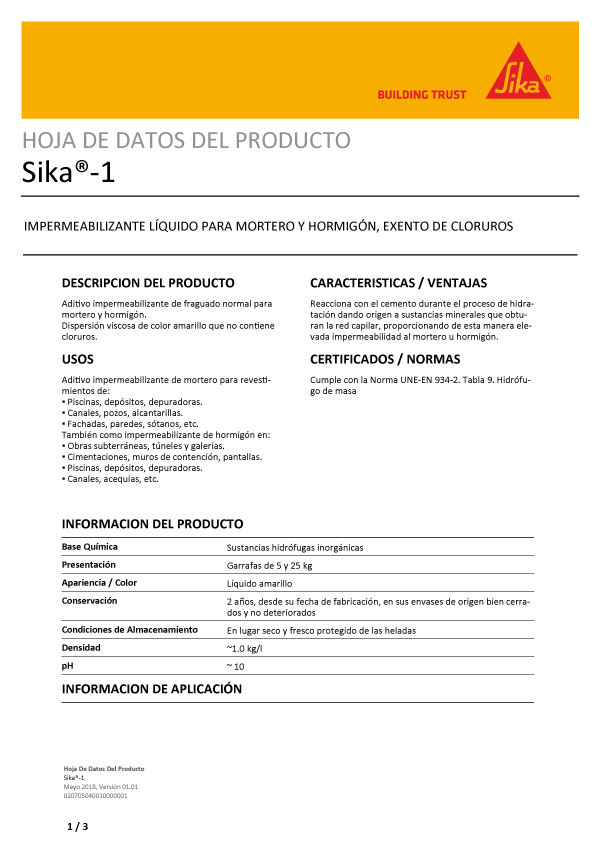 Sika 1 Impermeabilizante Líquido para Mortero y Hormigón | Grupo Incera Tienda Online
